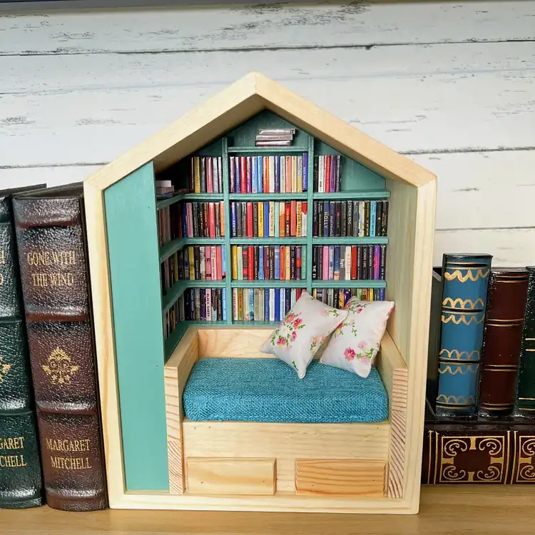 Handcrafted Mini Room Box Detailed Wooden Scene With 200 Mini Books and Cushions